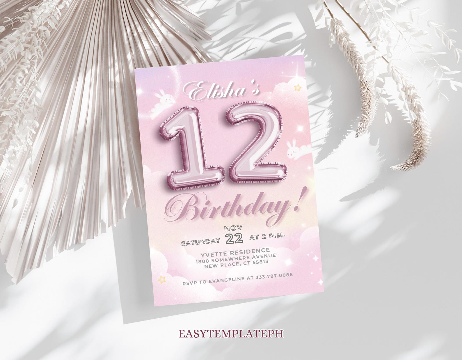 12th Birthday Invitations, Rose Gold Birthday Invitation Template 12th ...