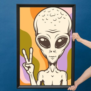 Alien Peace Sign Wall Art Trippy UFO Poster - Etsy