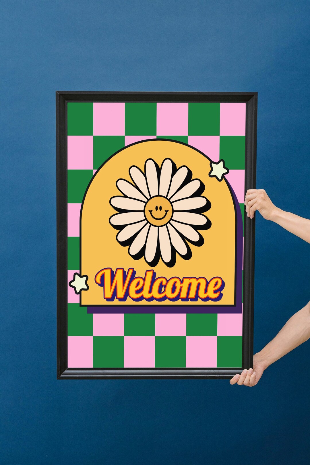 Retro Welcome Wall Art | Checker Flower Poster Print - Etsy