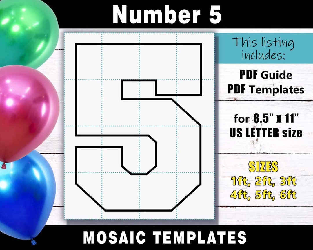 Number 5 Mosaic Balloon Frame Template - Square Letters PDF Print Files for US Letter Size in ...