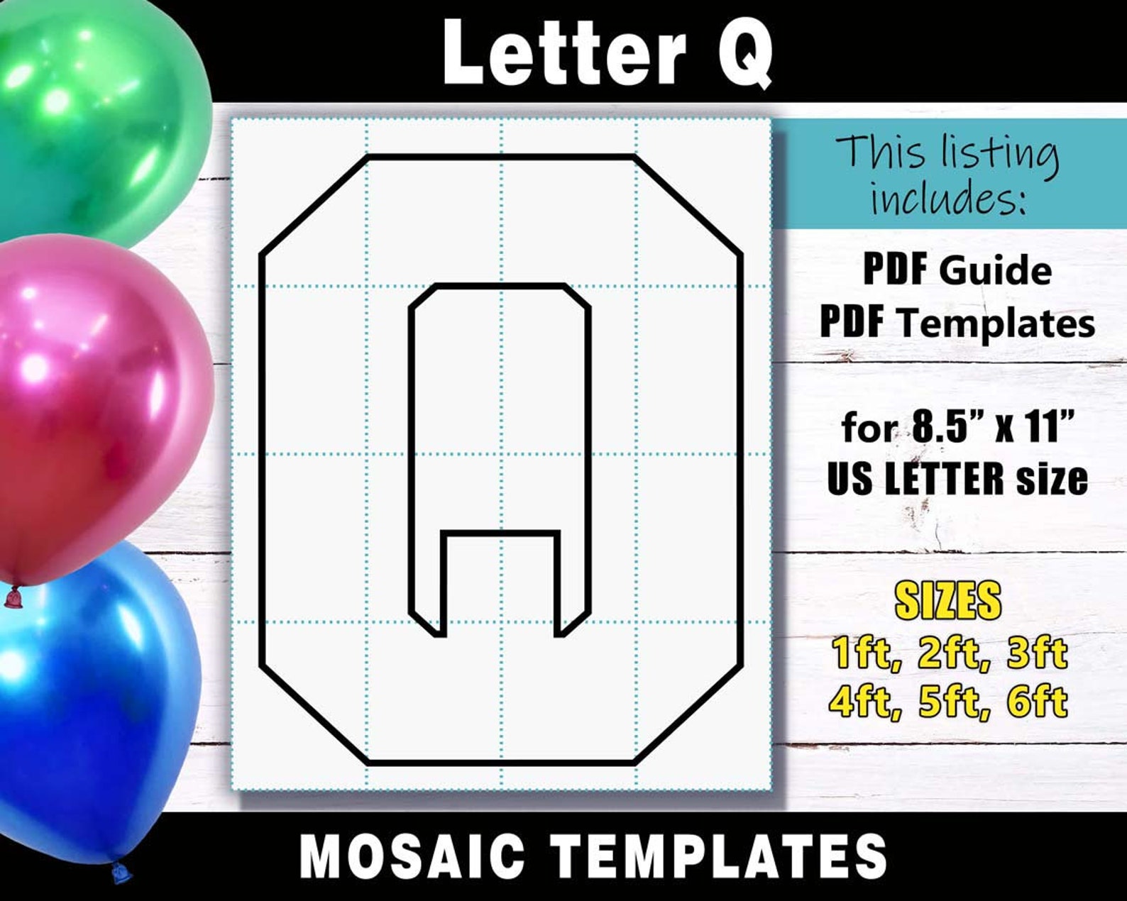 Letter Q Mosaic Balloon Frame Template - Square Letters PDF Print Files ...