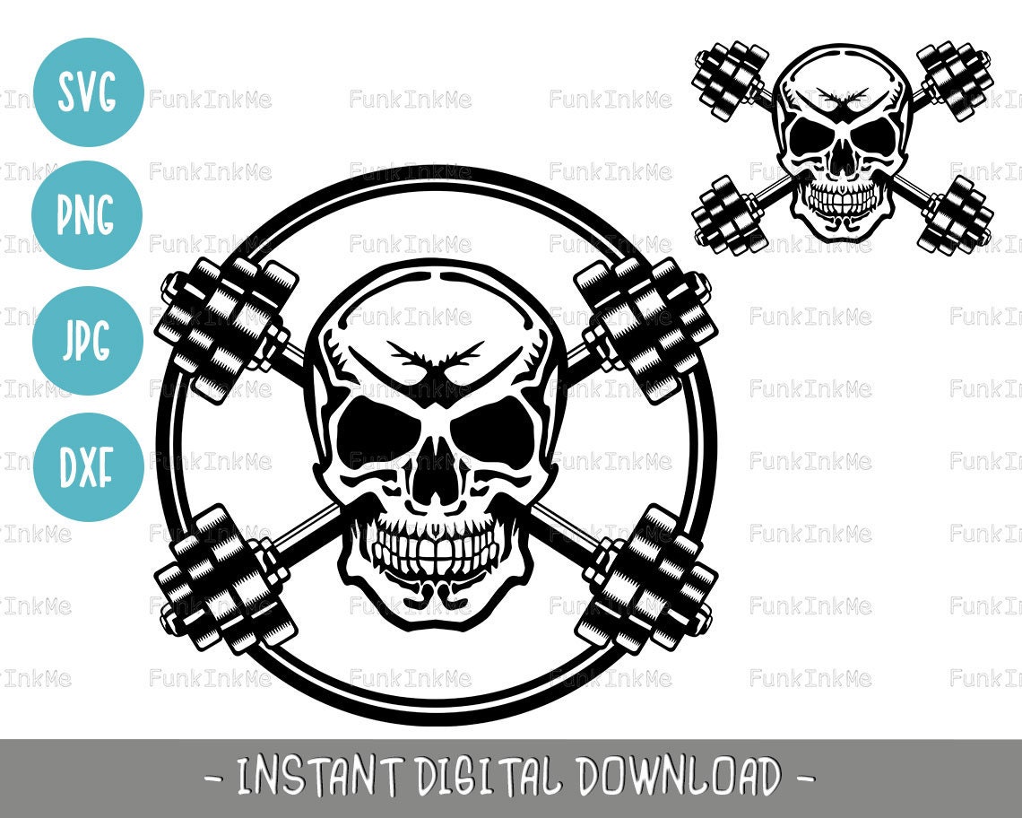 Skull fitness SVG skeleton barbell bodybuilding PNG DXF & Jpg | Etsy