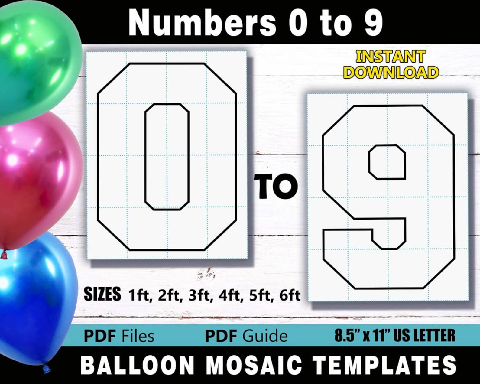 Balloon Mosaic Number Set - Square Numbers 0-9 Templates for Sizes 1ft ...