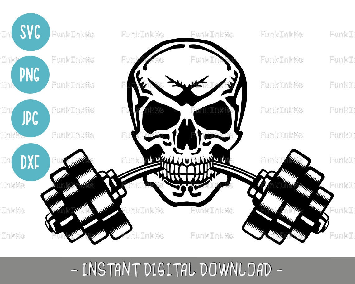 Skull Fitness SVG Skeleton Barbell Gym Workout PNG, DXF & Jpg Digital ...