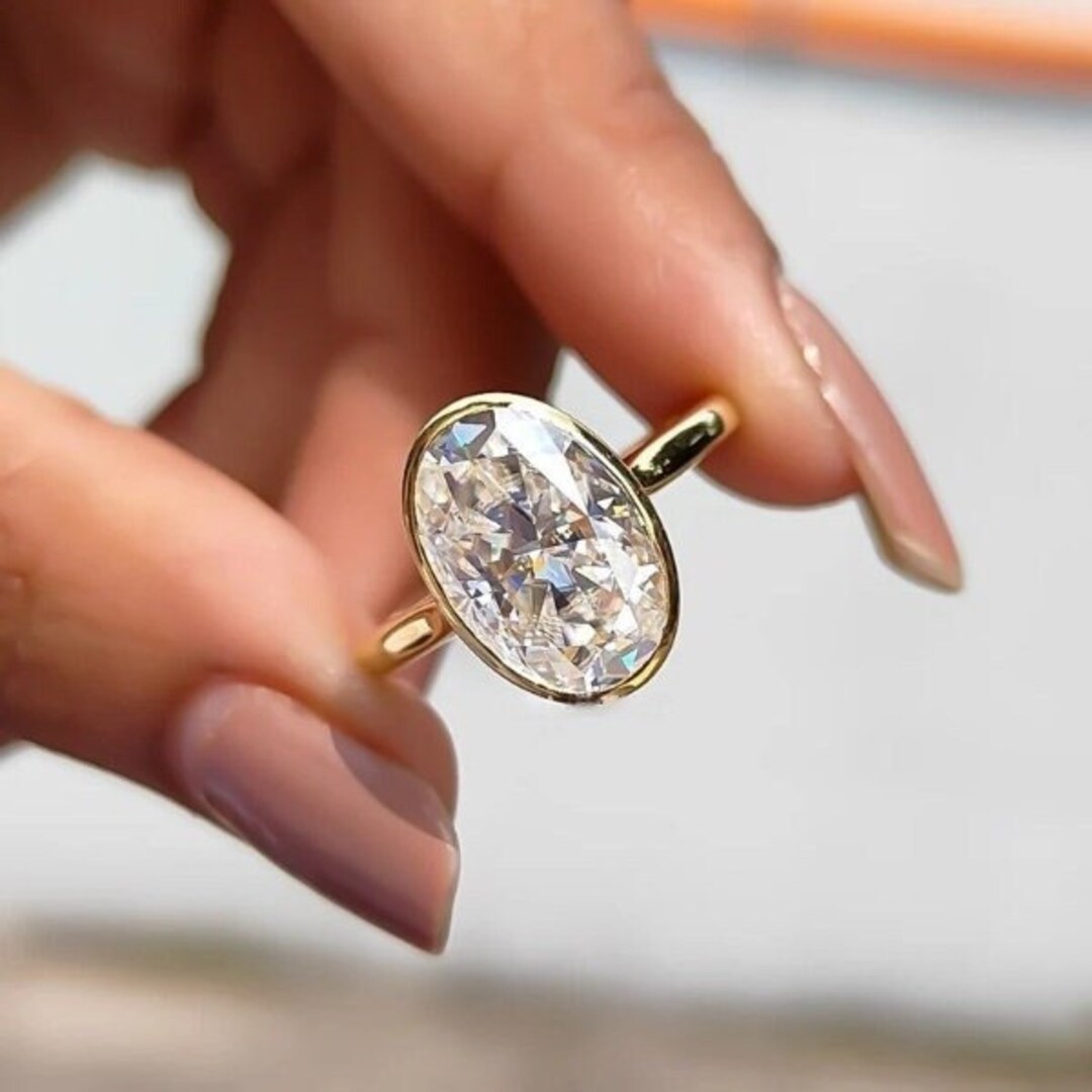 Bezel Set Oval Engagement Ring Oval Moissanite Ring , Yellow Solid Gold ...