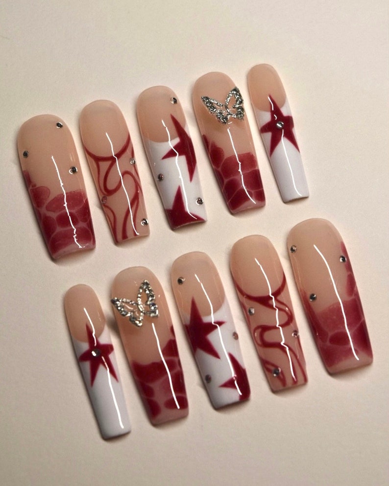 Y2K Red Star Gem French Tip Reusable Press on Nails - Etsy