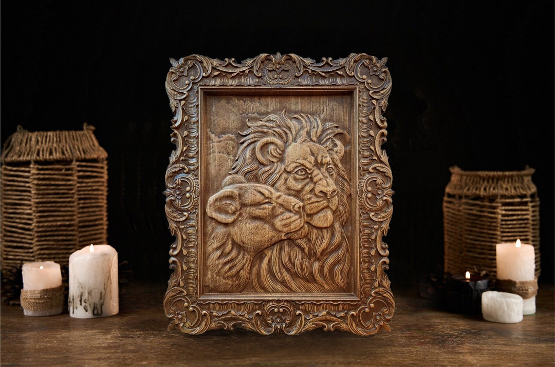 Pair of Lions Wood Wall Decor, Lion Wood Art, Lion Carvings, Lion ...