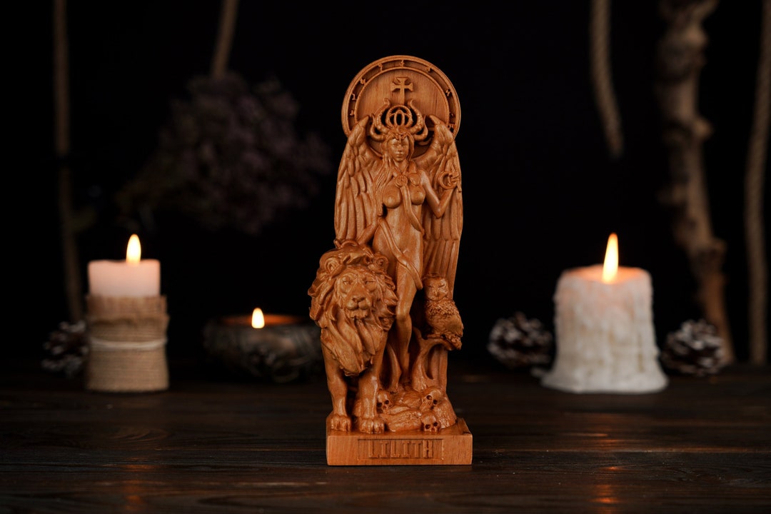Lilith Wicca Goddess With Lion, Wicca Statue, Inanna Wooden Figure ...