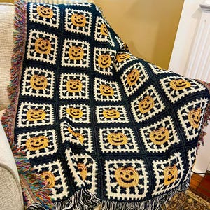 Halloween Blanket Woven Granny Square Cotton Throw Blanket, Jack O ...