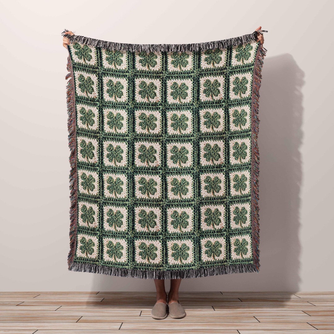 IRISH Throw Blanket Lucky 4 Leaf Clover Woven Cotton Blanket Rustic ...