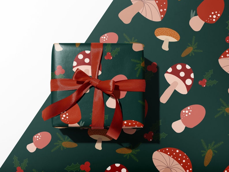 Mushroom Christmas Wrapping Paper High Quality Rolled Sheets - Etsy