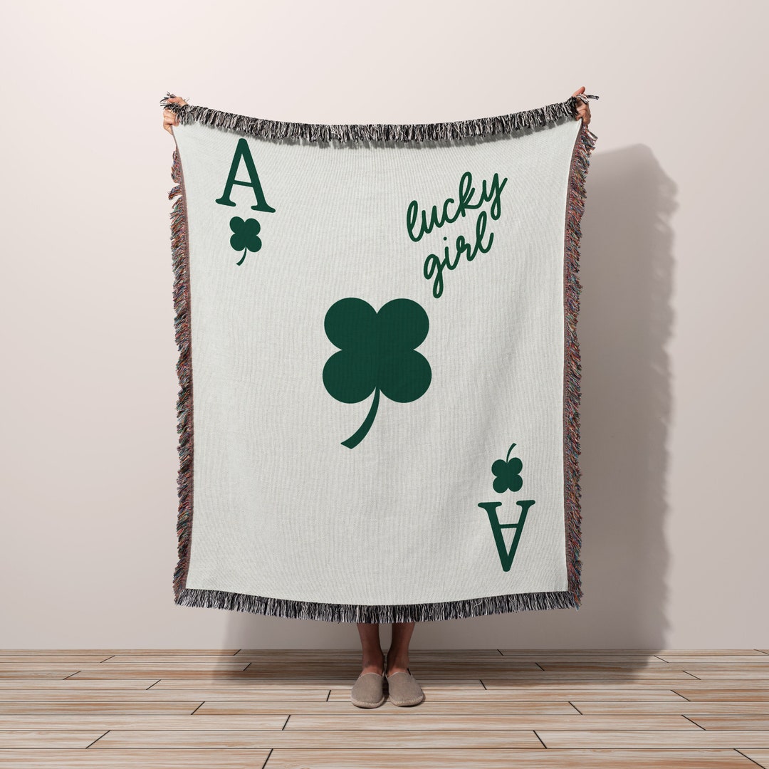 LUCKY GIRL Woven Blanket Shamrock Ace Playing Card, St. Patrick's Day ...