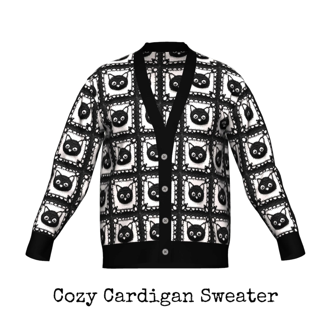 Black Cat Knit Cardigan, Granny Square Sweater, Unisex Fall Fashion - Etsy