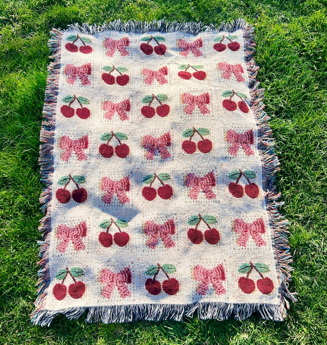 Cottagecore Throw Blanket Bows Cherries Coquette Room Decor Tapestry ...