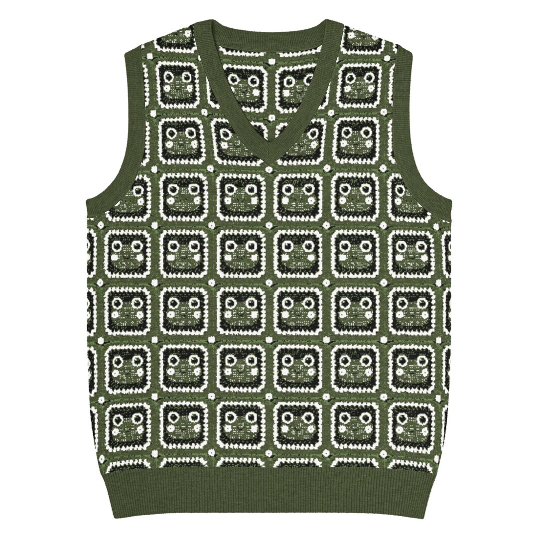 Frog Knit Sweater Vest – Cottagecore Green Retro Knit Vest, Cute Kawaii ...