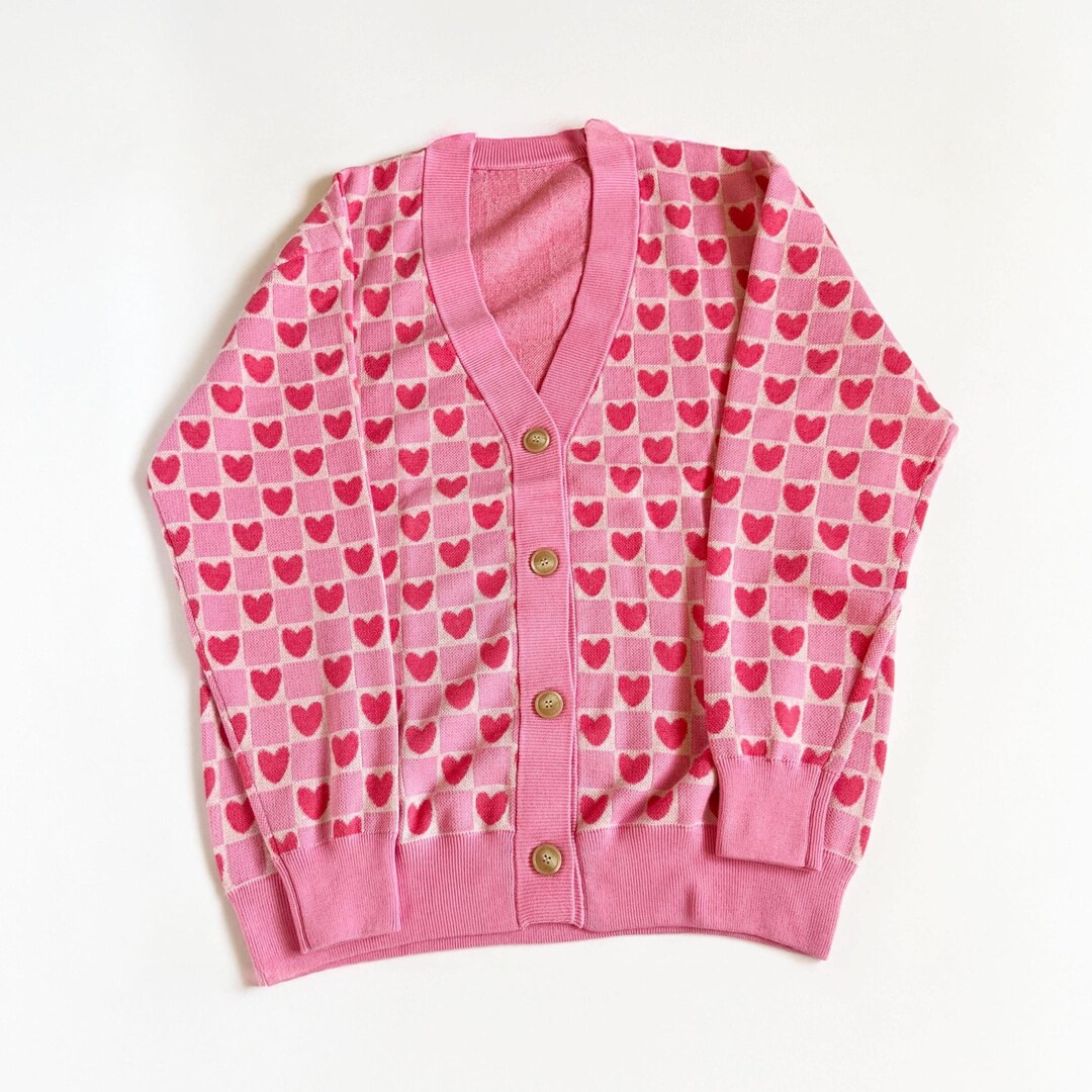 PINK KNIT CARDIGAN Sweater Checkerboard Hearts Pink Button up Cardi ...