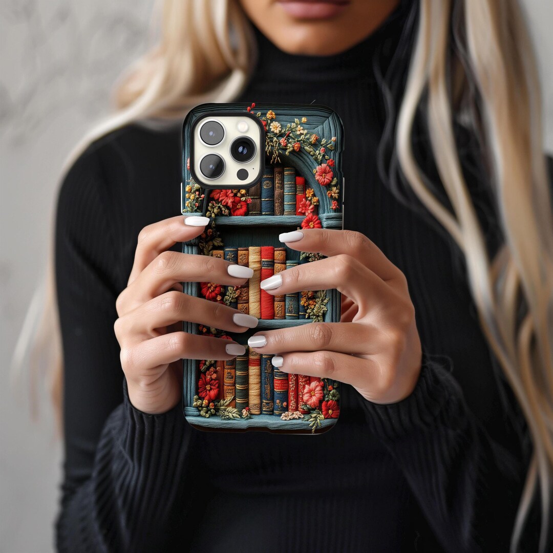 Bookshelf Floral Embroidery Phone Case Compatible iPhone 13 14 15 16 17 ...