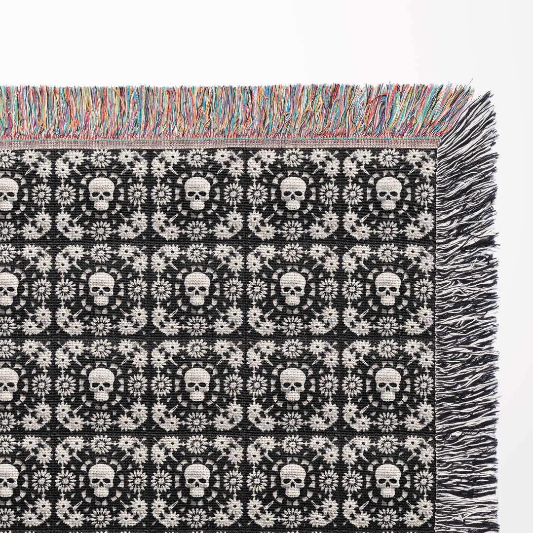 Granny Square Skull Woven Throw Blanket | Faux Crochet Gothic Decor ...