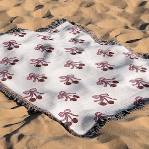 Cherry Bows Throw Blanket Coquette Room Decor, Pink Ribbon French Bow ...