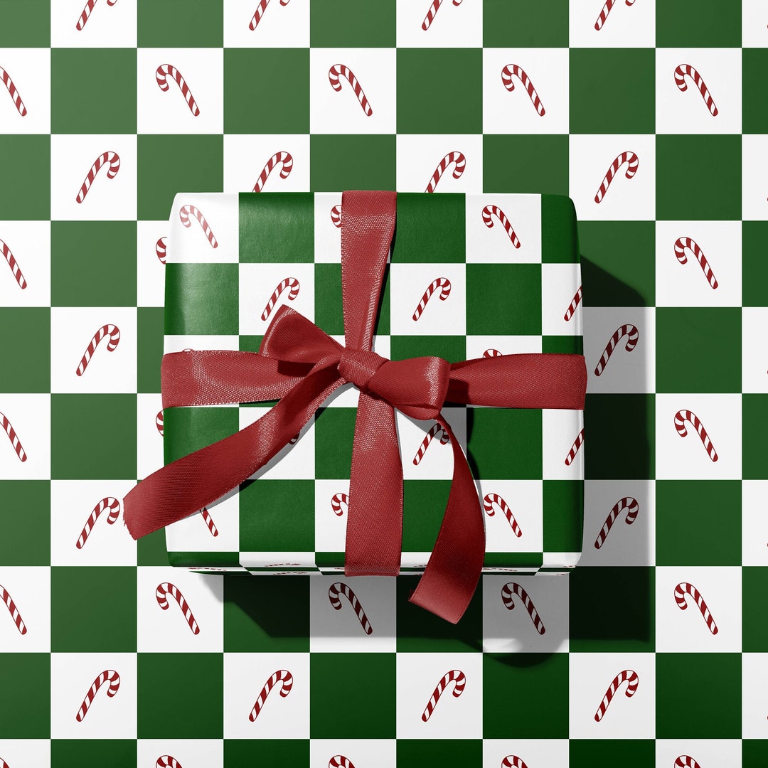 Candy Cane Christmas Wrapping Paper | Premium Green Checkered Gift Wrap ...
