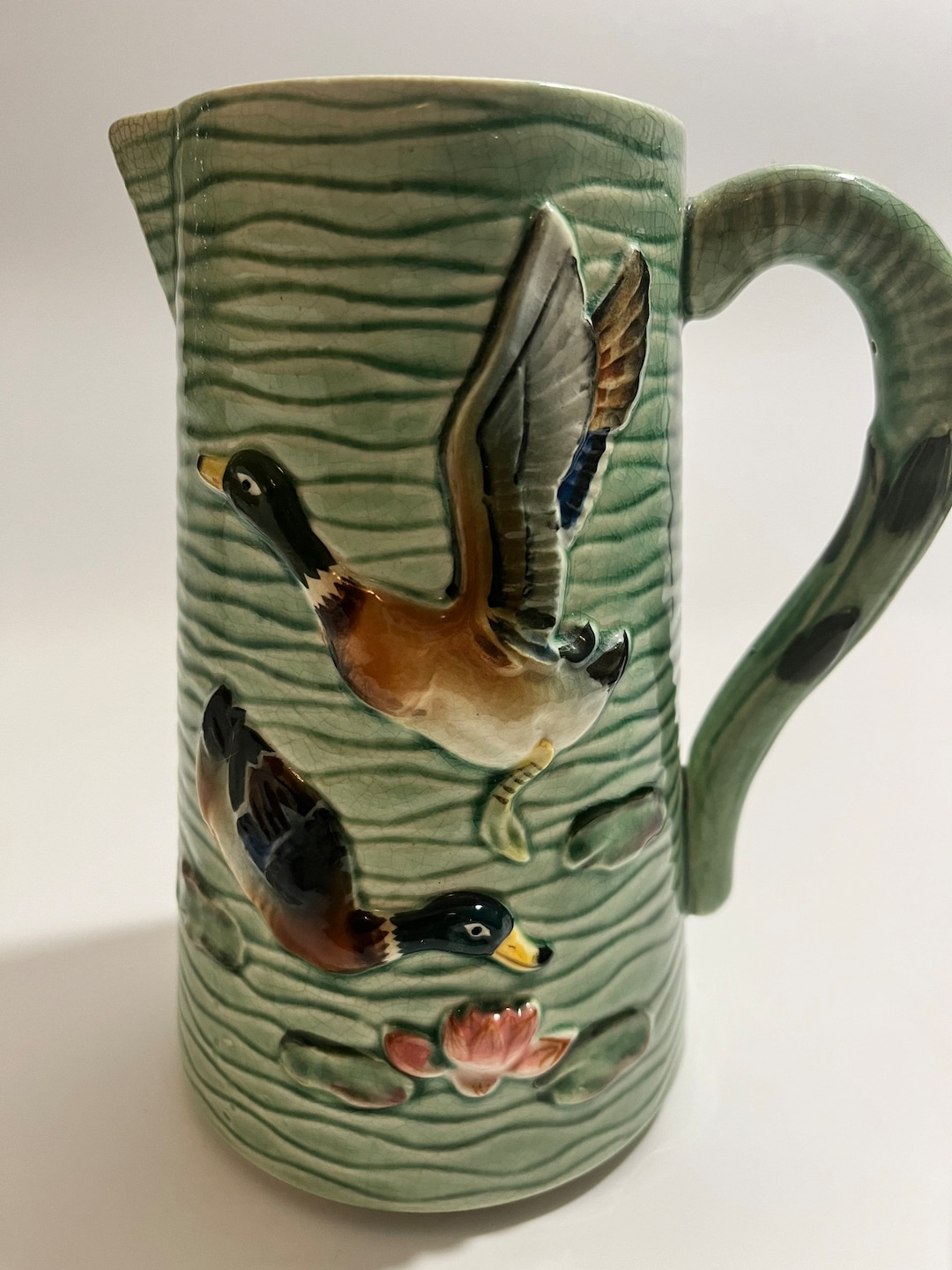 Beautiful Vintage Majolica Green Pitcher Cup Ducks Mallards Scenery ...