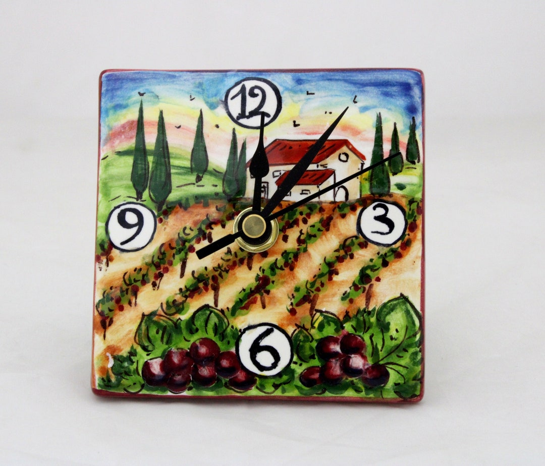 Italian Ceramic Wall and Table Clock Tuscan Grapes Landscape Pattern ...