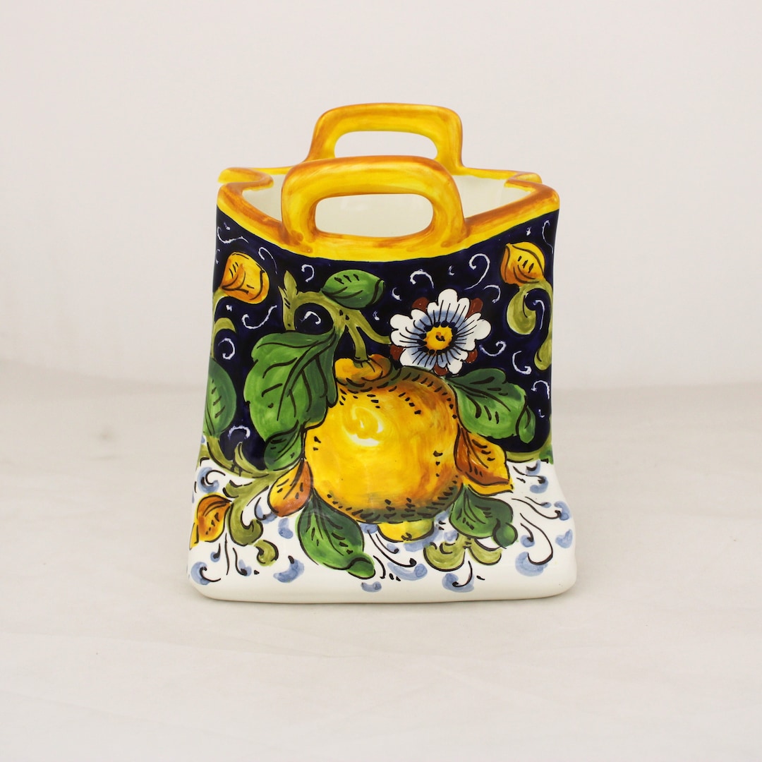 Italian Ceramic Utensil Holder Bag-handpainted-tuscan Lemon Pattern ...