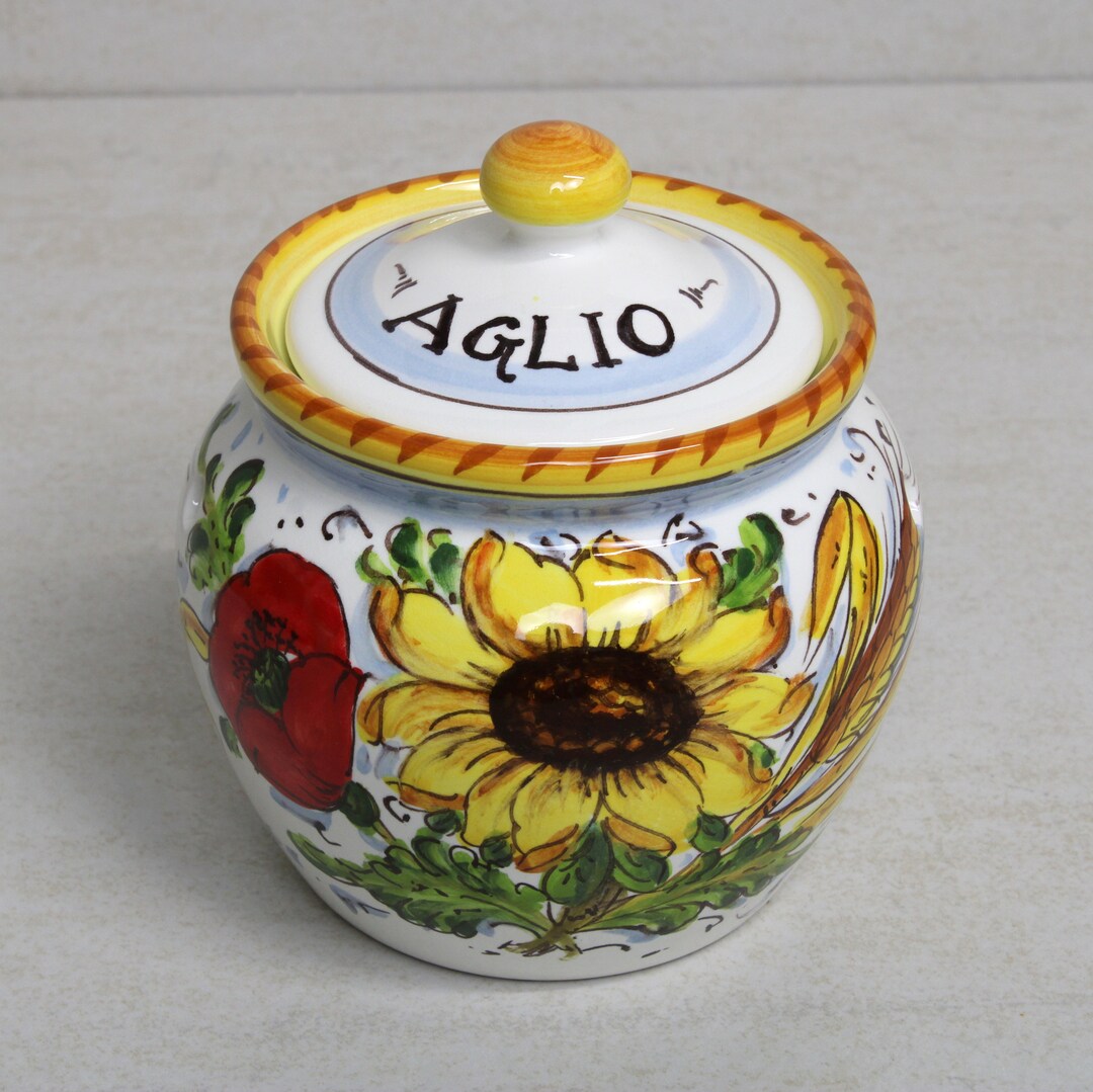 Italian Ceramic Garlic Jar "sunflower, Poppies and Wheat" Pattern ...