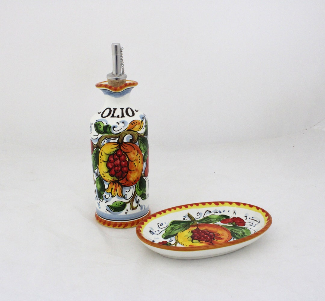 Handmade Ceramic Olive Oil Bottle & Dish - Tuscan Pomegranate Pattern ...