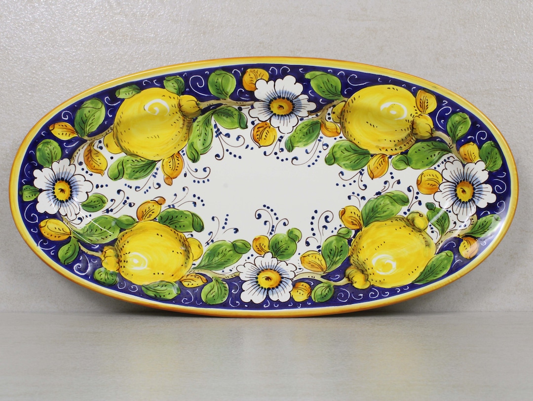 Italian Ceramic Oval Serving Tray and Wall Plate Tuscan Lemons on Blue ...
