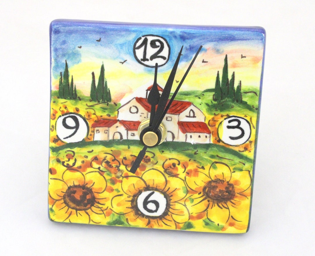 Italian Ceramic Wall and Table Clock Tuscan Sunflowers Landscape ...