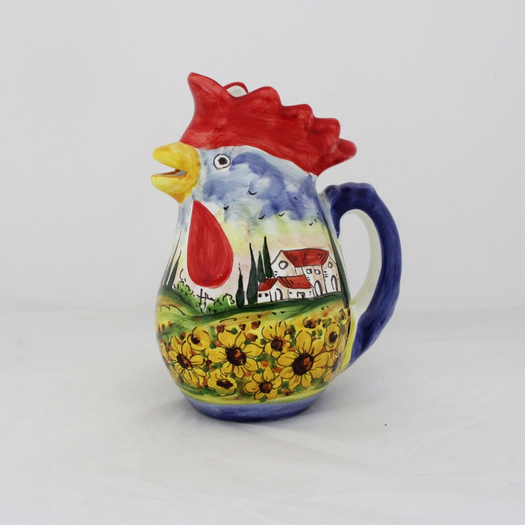 Italian Ceramic Rooster Pitcher Sunflower Tuscan Landscape Made in ...
