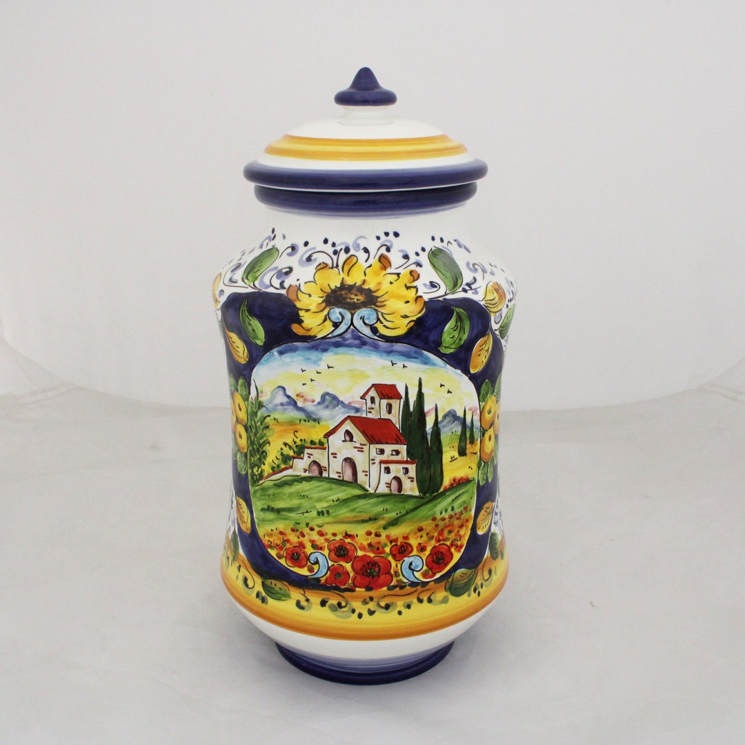 Italian Ceramic Vase "albarello" Landscape on Blue, Ceramic Jar Hand ...
