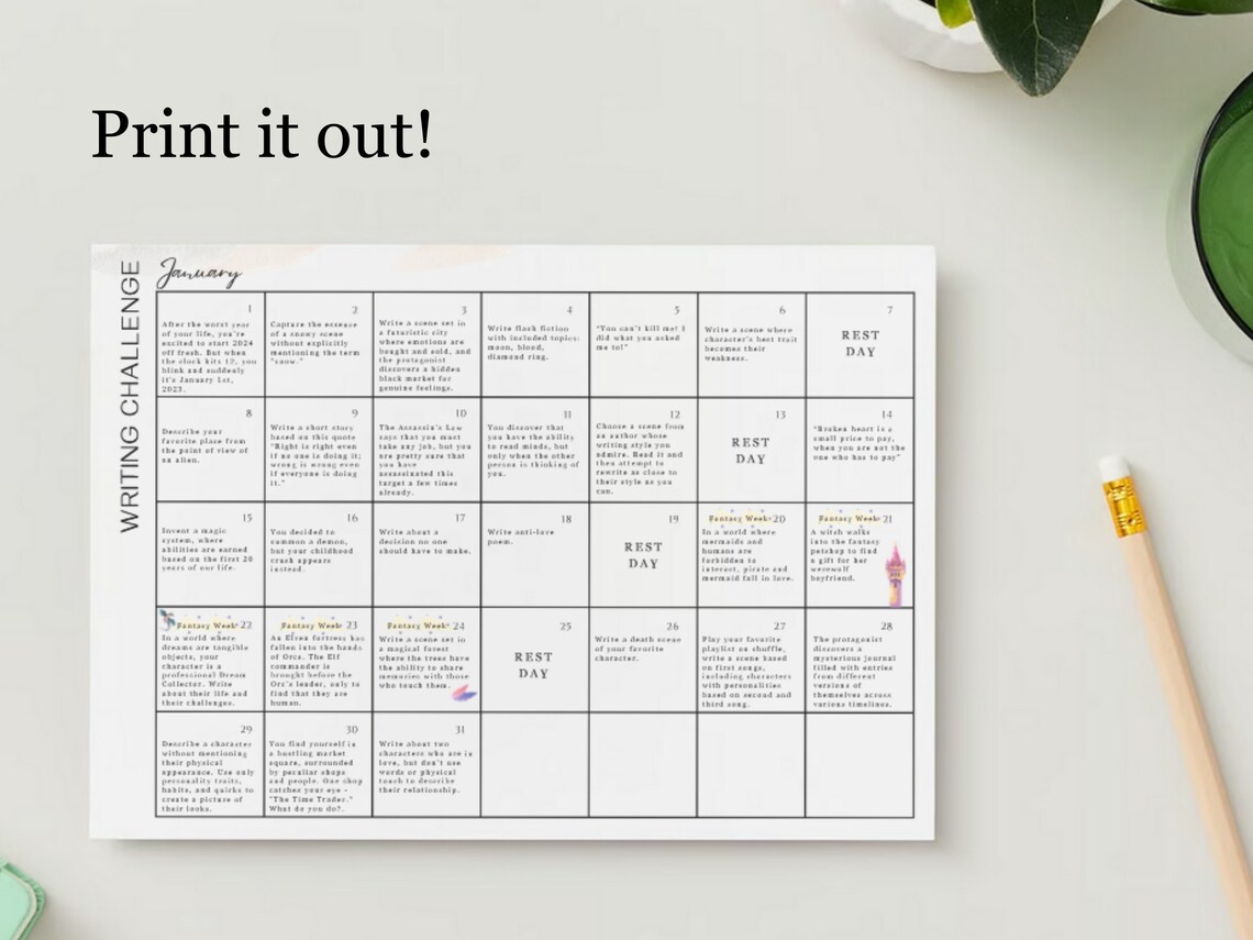 Writing Challenges Fiction Writing Prompts for Writers Printable Year ...