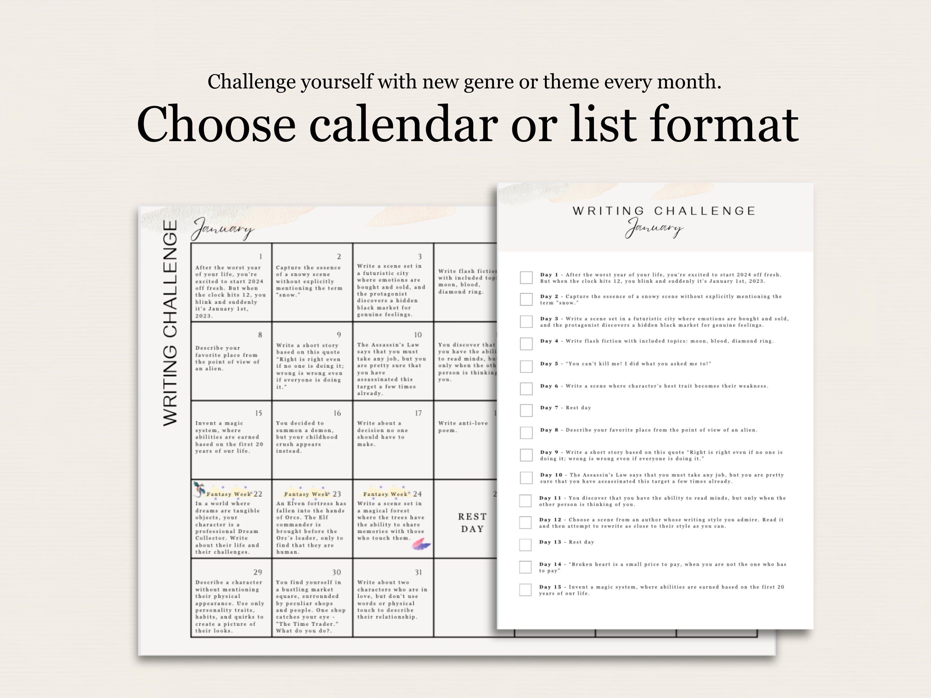 Writing Challenges Fiction Writing Prompts for Writers Printable Year ...
