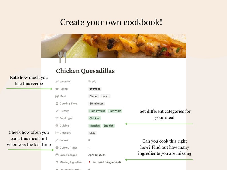 Meal Planner Notion Template Recipe Book Digital Shopping List Digital ...