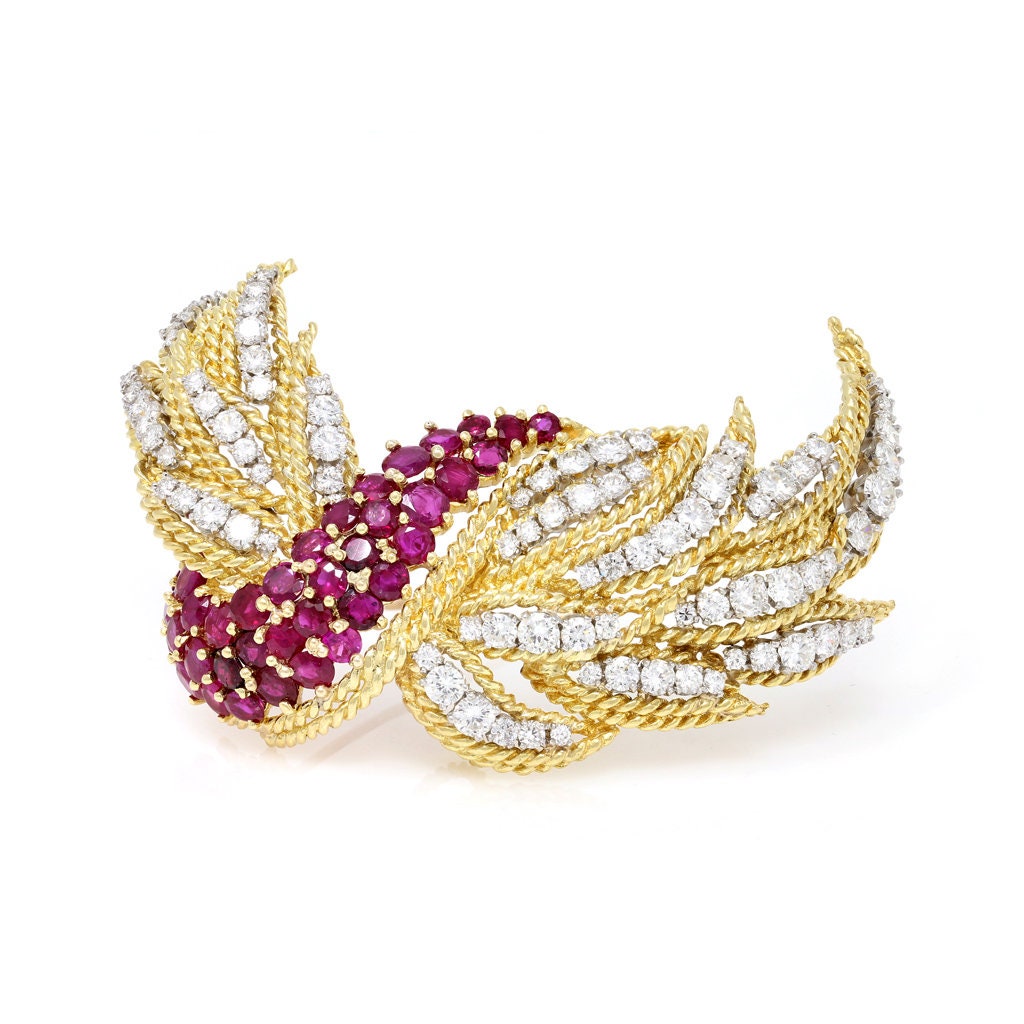 Italian Midcentury Burmese Ruby and Diamond Brooch in 18k Yellow and ...