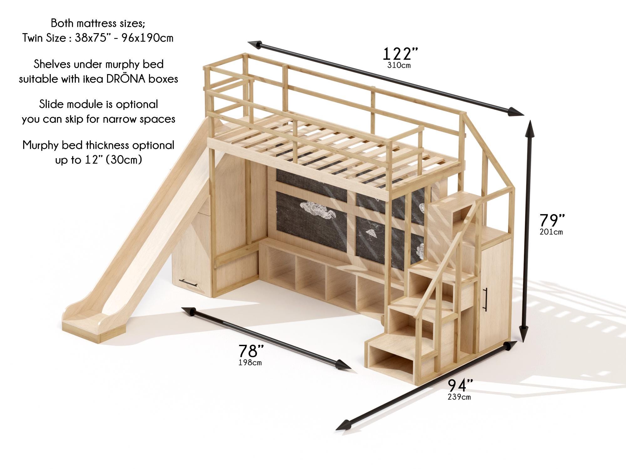 Kids Loft Bed Plan With Slide, Murphy Bed & Storage Stairs - Etsy