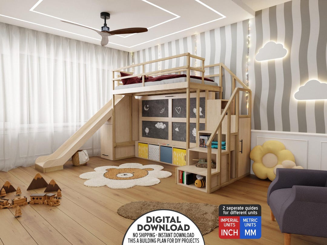 Kids Loft Bed Plan With Slide, Murphy Bed & Storage Stairs - Etsy