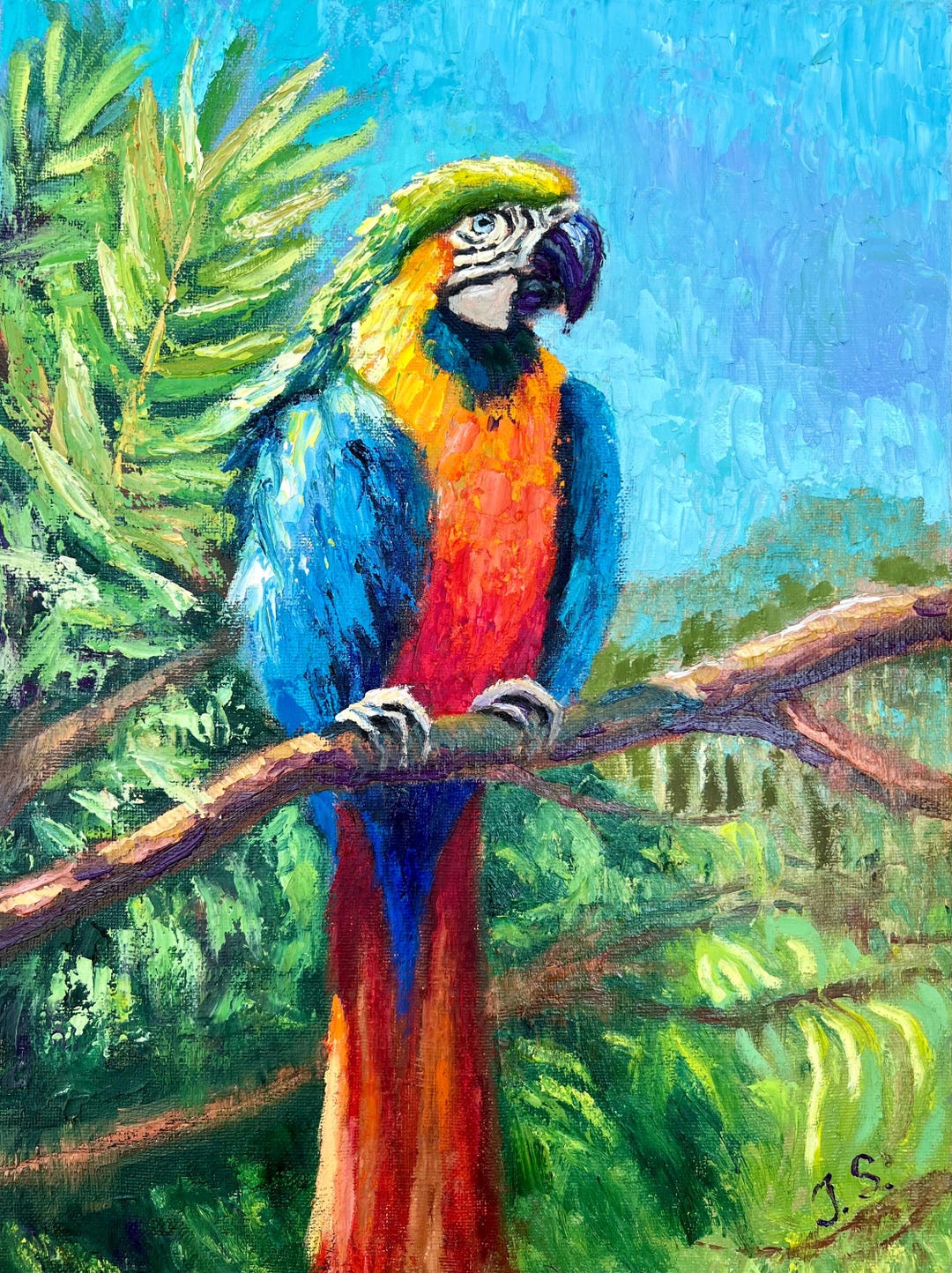 Parrot in a Jungle. Colorful Bird in Greenery and Nature. Original Oil ...