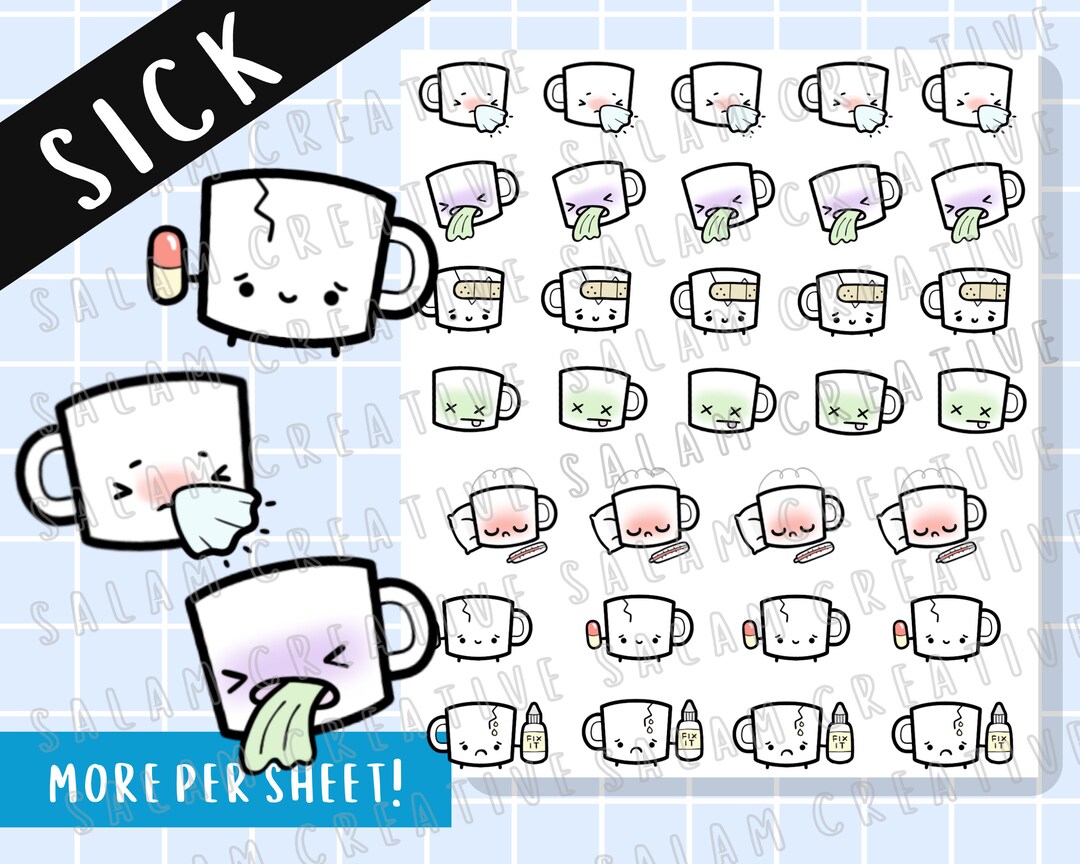 I'm NOT WELL Sick/ Illness Themes Sticker Sheet Sick Mug Character ...