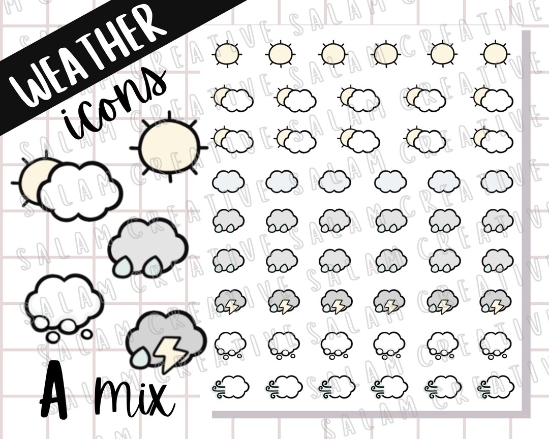 WEATHER ICONS Sheet tiny Weather Stickers 4 Designs: Sunny,cloudy,rainy ...