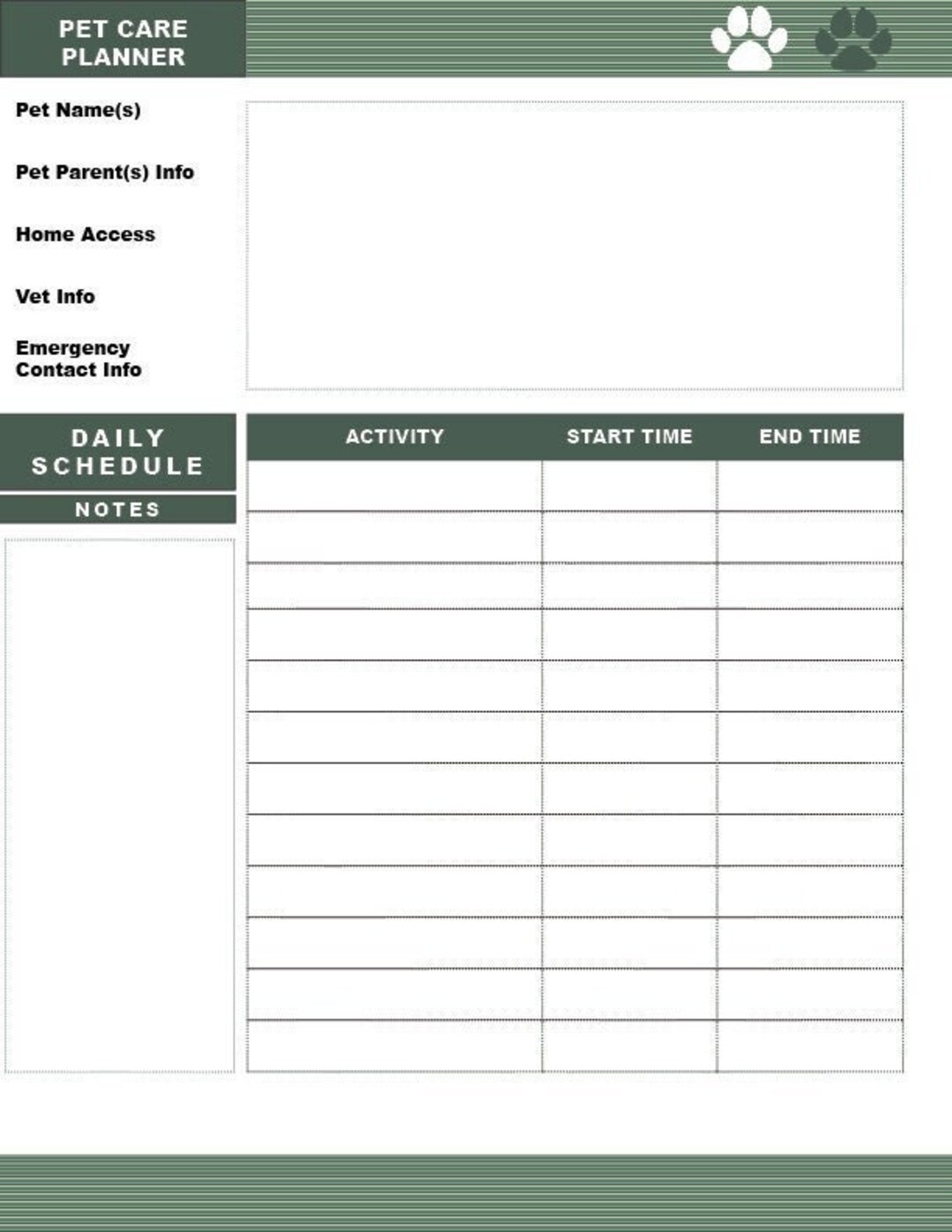 Pet Care Planner Printable and Online Form (green Stripes and Paws) - Etsy