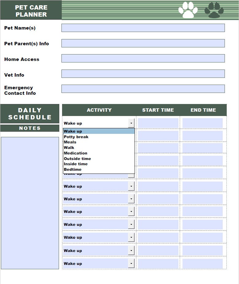 Pet Care Planner Printable and Online Form (green Stripes and Paws) - Etsy