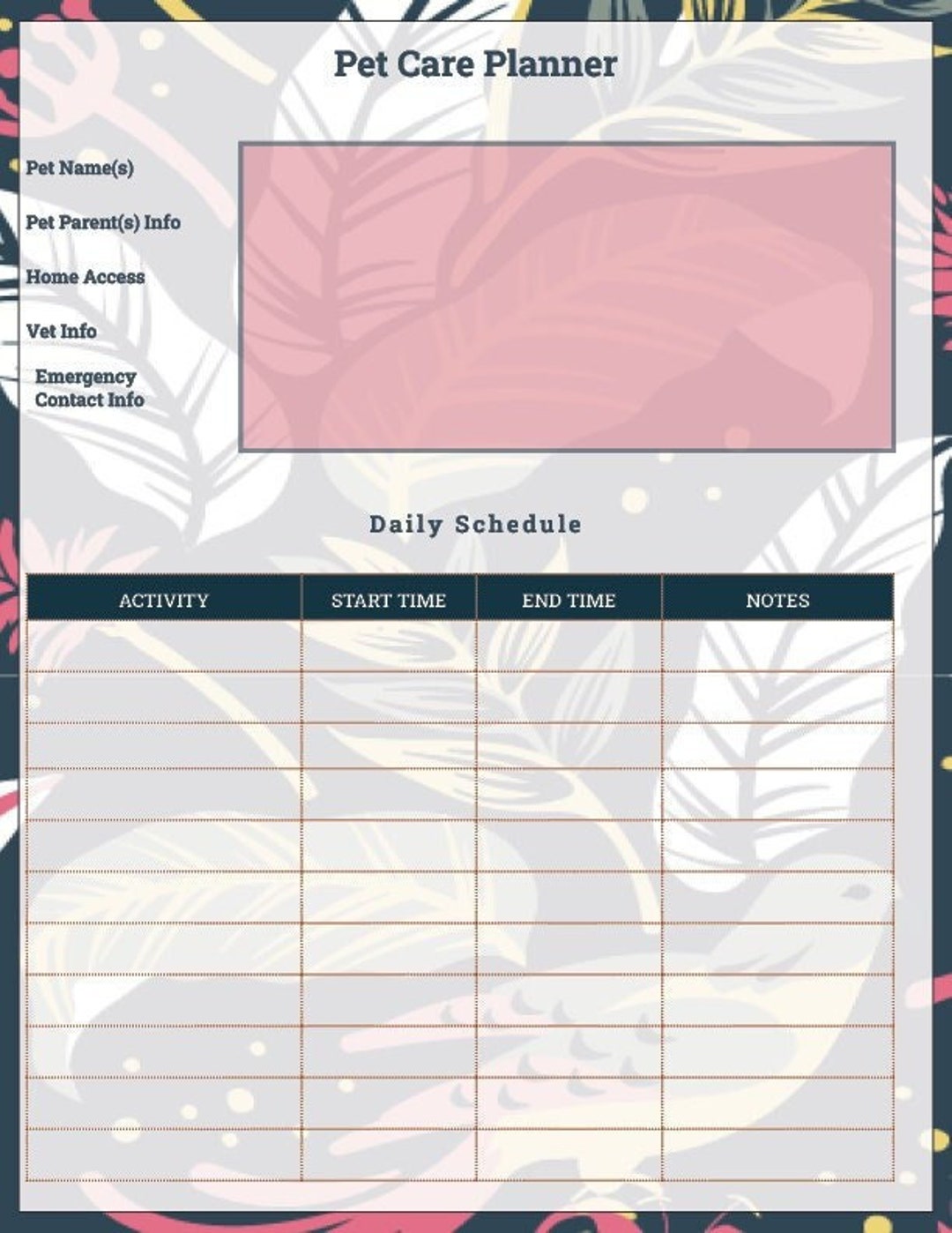 Pet Care Planner Printable and Form (tropical) - Etsy