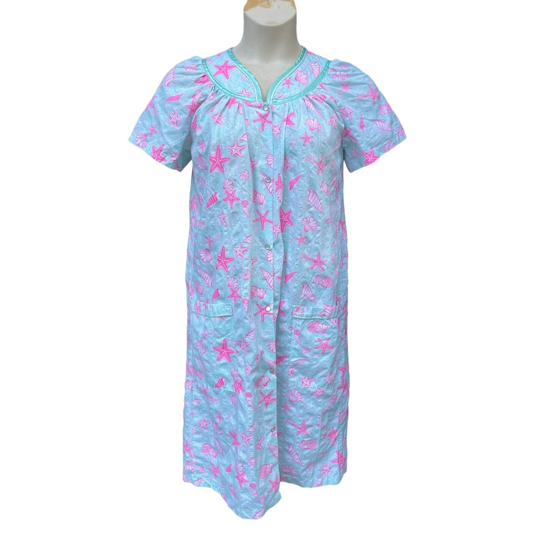 Vtg Beach House Dress Robe Gown Tiki Kaftan Seashells Starfish Pink ...
