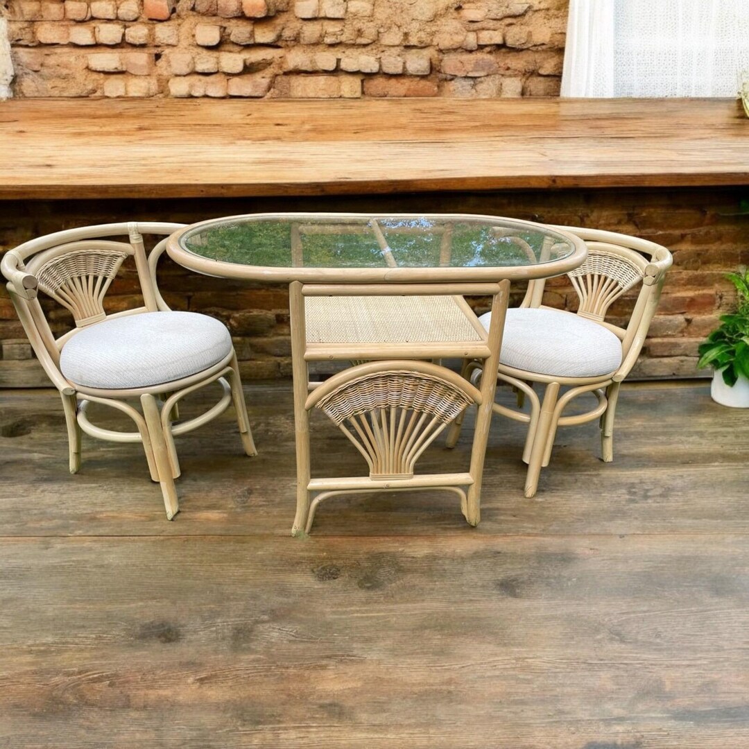 Vtg 1980s Rattan Bamboo Console Glass Top Honeymoon Table Chairs Boho ...