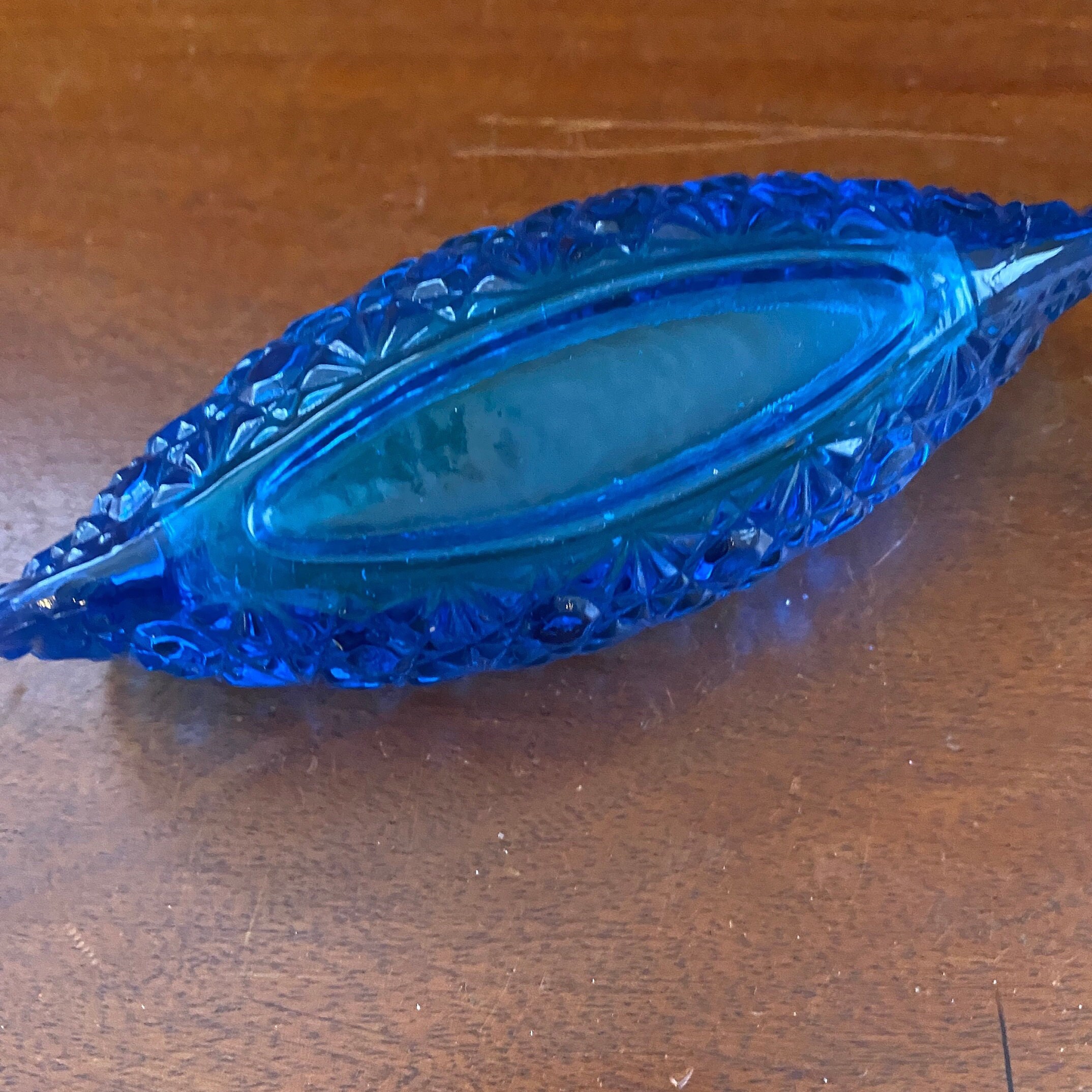 Vintage Fenton Glass Canoe Daisy And Button Blue Relish Dish Center Piece Textured Prism Design