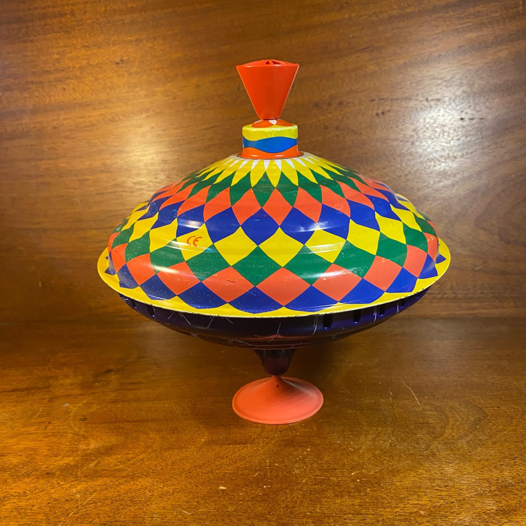 Vintage Metal Spinning Top Harlequin Pattern Toy With Red Base & Handle ...