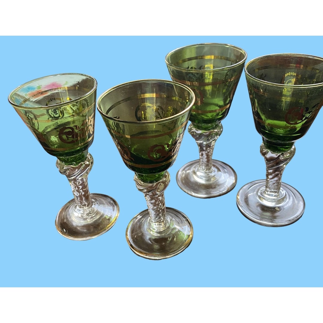 Vintage Green & Gold Etched Sherry Glass Set, 4 Inches, Elegant Setting ...